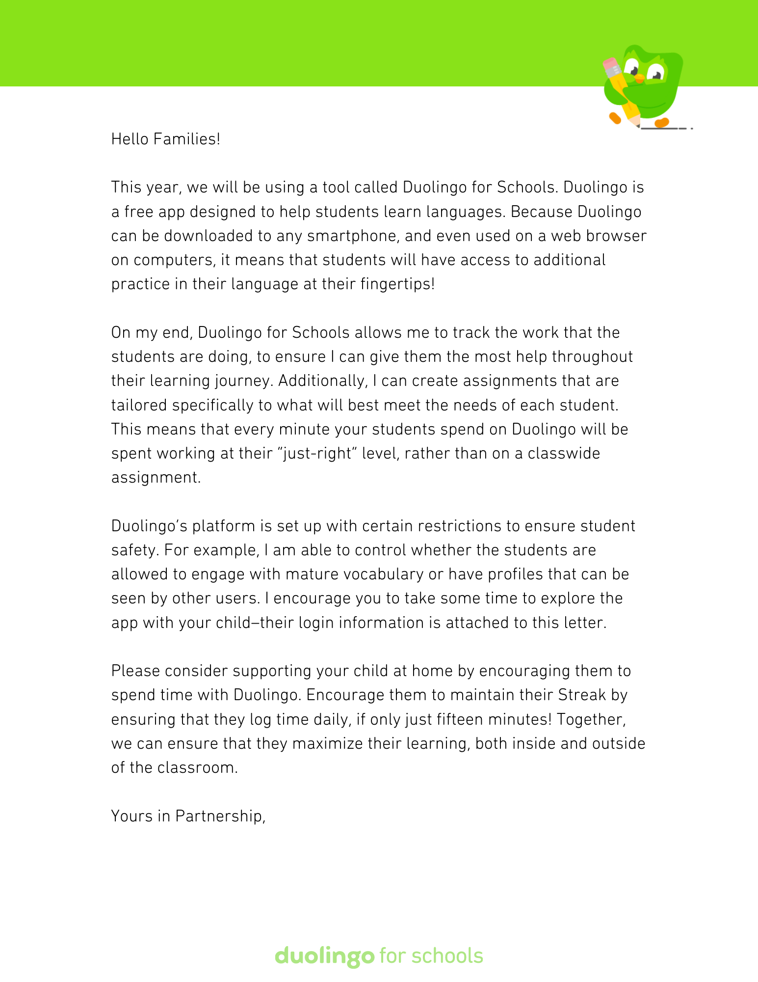 Sample letter to families – Duolingo for Schools