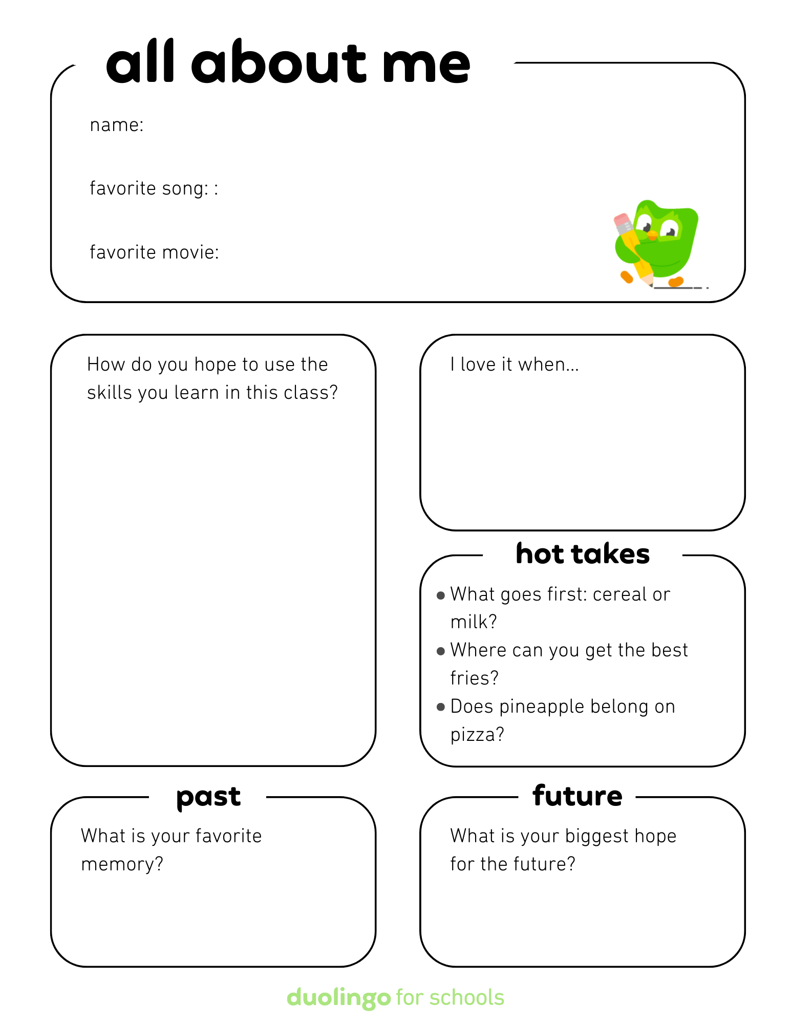 About me: Get to know your class with Duo! – Duolingo for Schools